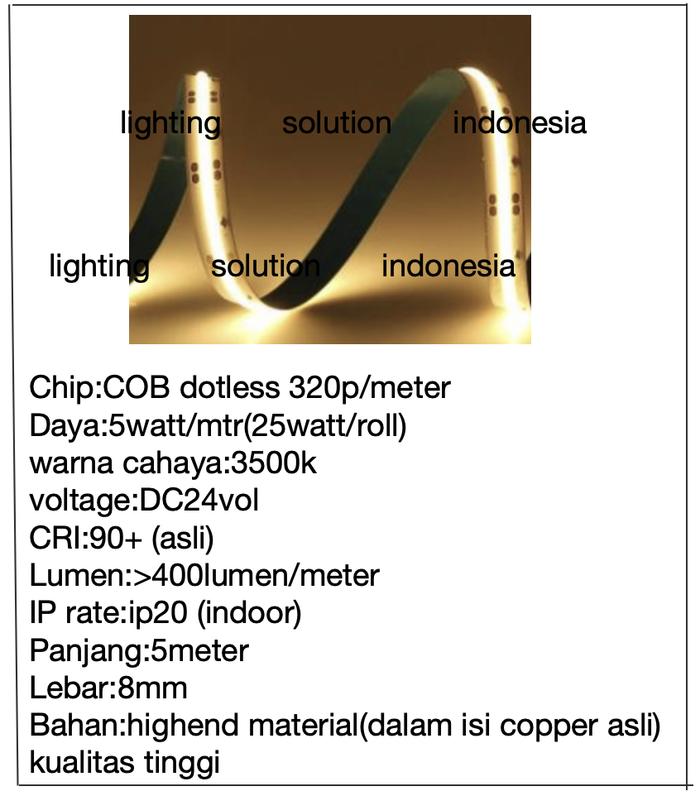 Jual cob led strip 5watt 3500k dotless 320p ip20 dc24v highend cri90 ...