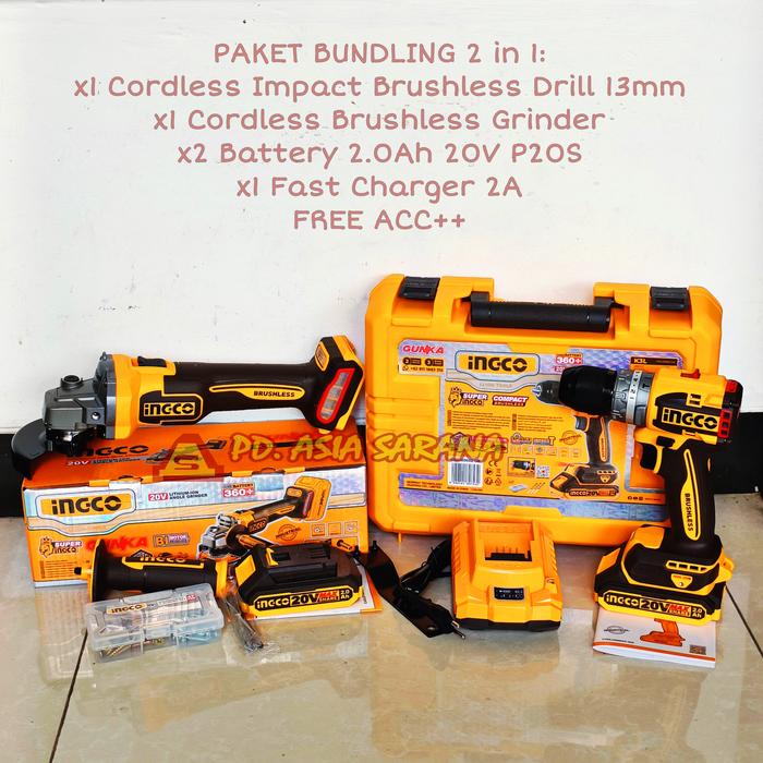 Jual PAKET Cordless Impact Drill CIDLI20602-GK INGCO Gerinda CAGLI21104 ...