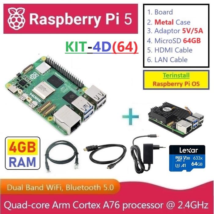 Jual KIT-4D(64) : Raspberry Pi 5 (4GB RAM) - Complete SET (MicroSD 64GB ...