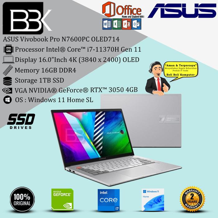 Jual ASUS Vivobook Pro N7600PC OLED714 I7-11370H 16GB 1TB SSD RTX3050 ...