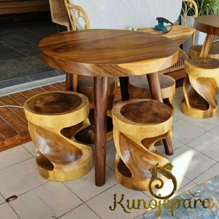 Jual meja makan bulat set 4 kursi, kursi stool kayu utuh, meja makan ...