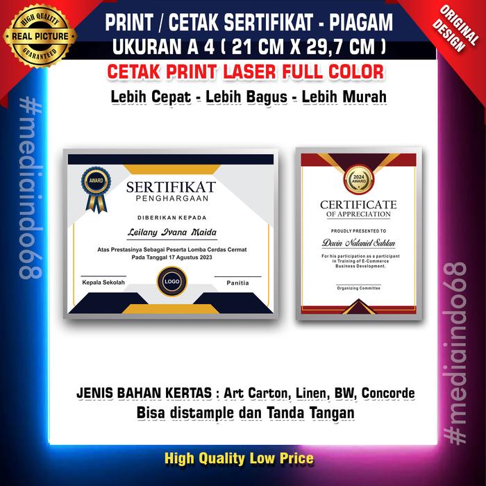 Jual CETAK/PRINT SERTIFIKAT-PIAGAM PENGHARGAAN CUSTOM - BW, Custom ...