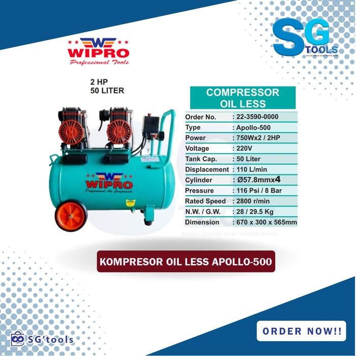 Jual Kompressor Oil Less Silent 2 HP 50 Liter Kompresor Oilless Apollo ...