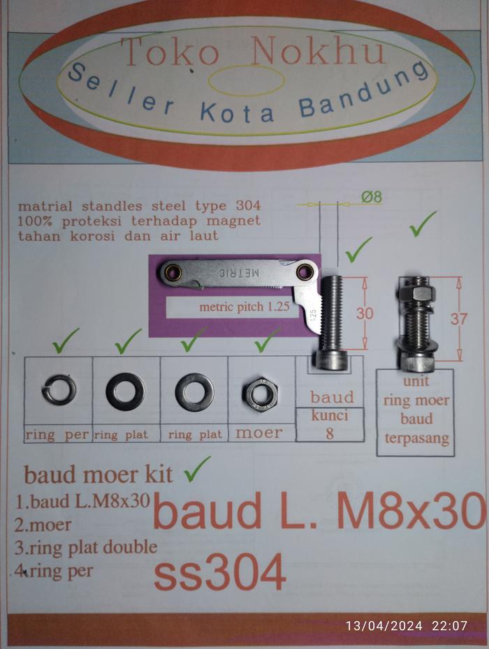 Jual baud L m8x30 ss 304 type A2-70 kit (moer, baud, ring per& ring ...