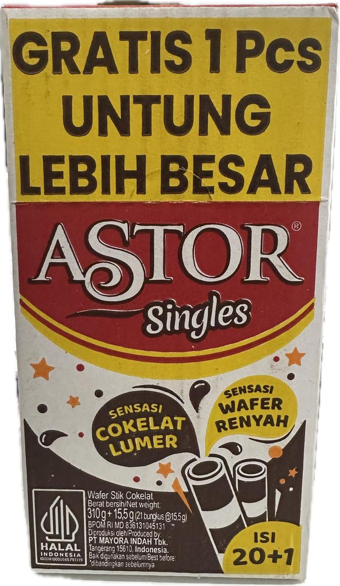 Jual ASTOR SINGLES WAFER STICK DUS ISI 12 PCS x 18 GRAM COKLAT BISKUIT ...