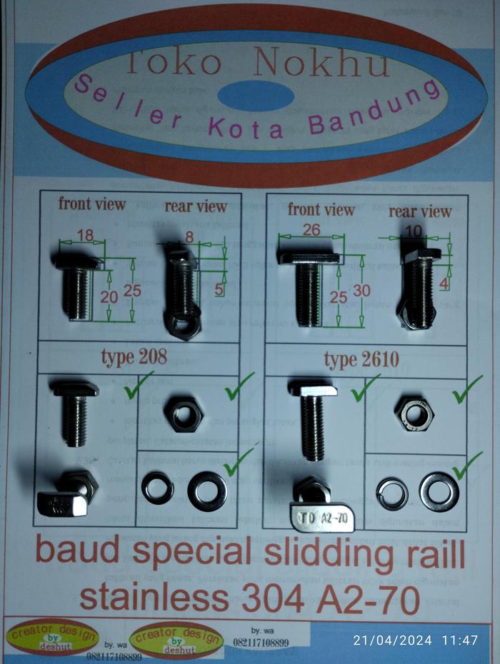 Jual baut khusus sliding rail stainless m8x20 type 208 kit baut - Kota ...