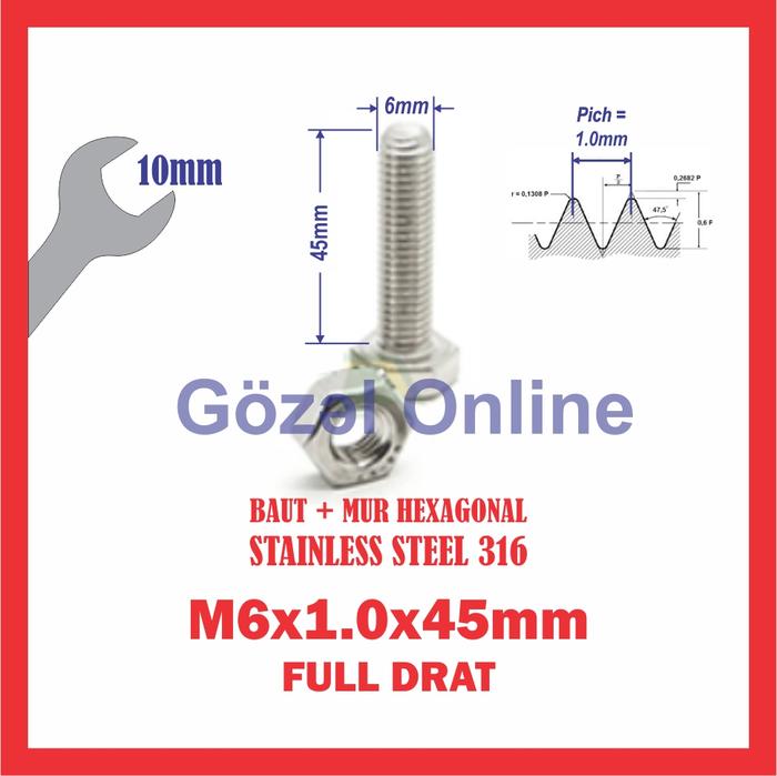 Jual Baut Mur hex M6 x1.0 x45mm FULL DRAT Stainless Steel 316 SS316 SUS316 - Kota Bekasi - Gozel ...