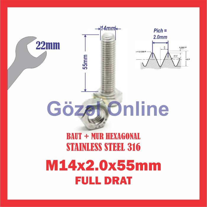 Jual Baut Mur hex M14 x2.0 x55mm FULL DRAT Stainless Steel 316 SS316 ...