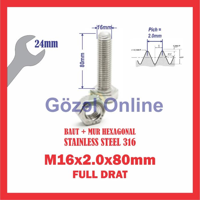 Jual Baut Mur hex M16 x2.0 x80mm FULL DRAT Stainless Steel 316 SS316 SUS316 - Kota Bekasi ...