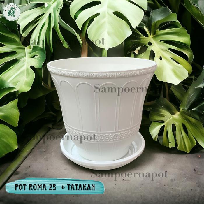 Promo POT BUNGA TANAMAN TINGGI CJP ROMA PUTIH BAHAN TEBAL + TATAKAN ...