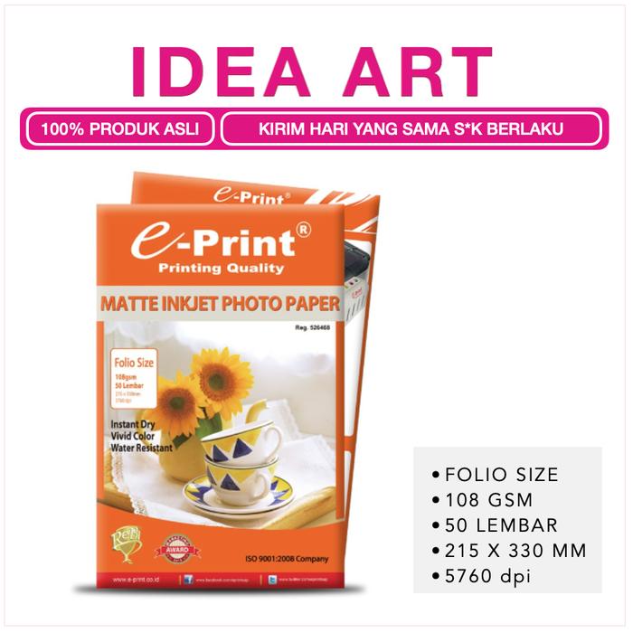 Jual Kertas Foto Matte Inkjet Photo Paper e-Print Folio F4 108 gsm isi 50 Lembar Instant Dry ...