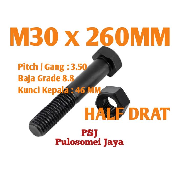 Jual Baut Mur Baja 8.8 M30 x 260 / High Tensile Bolt Grade 8.8 (HD ...