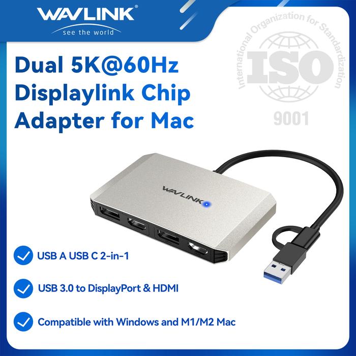 Promo WAVLINK USB 3.0 USB C ke DisplayPort dan Adaptor HDMI, DisplayLink Dual 5K @ 60Hz Monitor ...