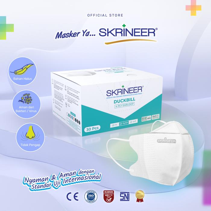 Promo Skrineer Masker Duckbill White Green 4ply Earloop Box isi 30pcs ...