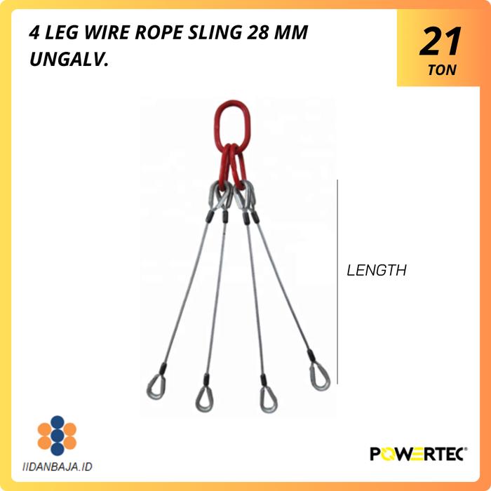 Jual 4 LEG WIRE ROPE SLING 28 MM UNGALVANIZED. SWL 21 T POWERTEC - 5 M ...