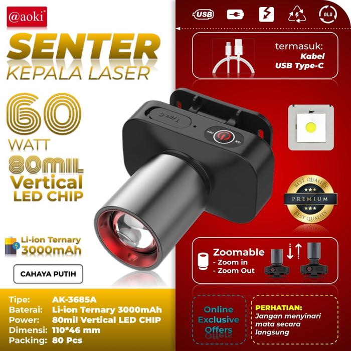 Jual AOKI AK-3685 Senter Kepala zoom 60w alumunium RechargePro dengan USB-C 60 watt headlamp ...