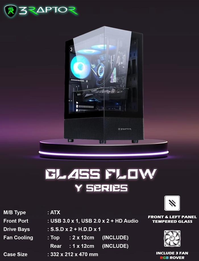 Jual Casing Gaming Raptor Glass Flow Y Black Series FREE 3 FAN RGB ...