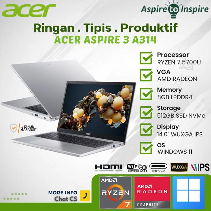 Jual ACER ASPIRE 3 A314 42P R8PQ - R7 5700U 8GB 512GB RADEON 14" WUXGA ...