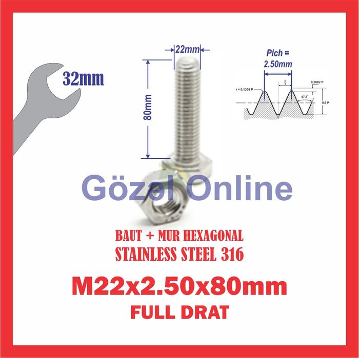 Jual Baut Mur hex M22 x2.5 x80mm FULL DRAT Stainless Steel 316 SS316 ...