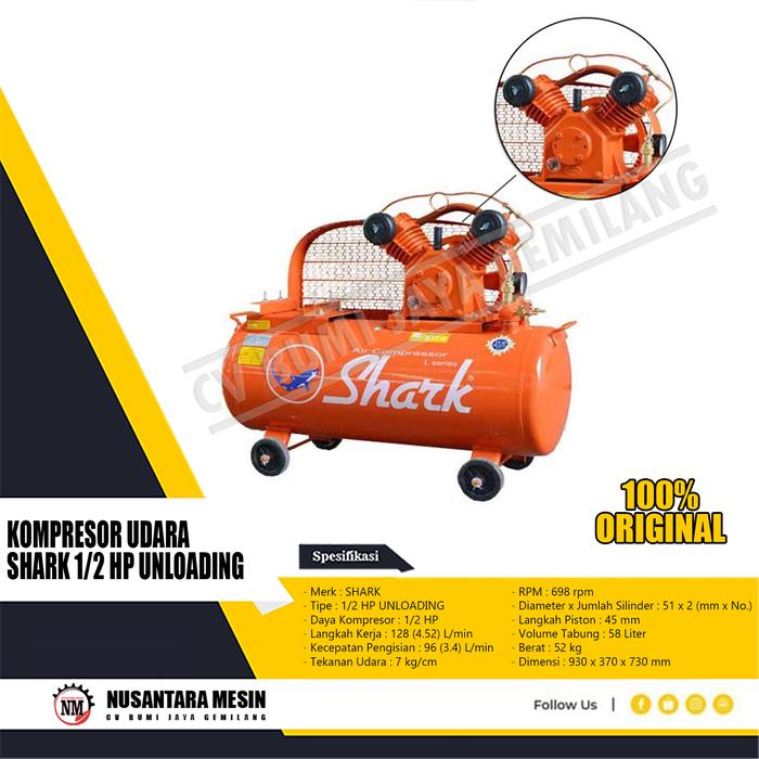 Jual MESIN KOMPRESOR UDARA / COMPRESSOR SHARK 1/2 HP UNLOADING - Kota ...