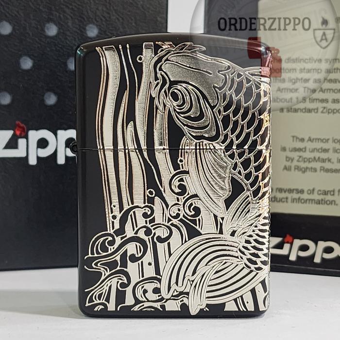 Jual Zippo Original Armor Koi Fountain Black and White Gold Plated 2 sisi Japan Official ...
