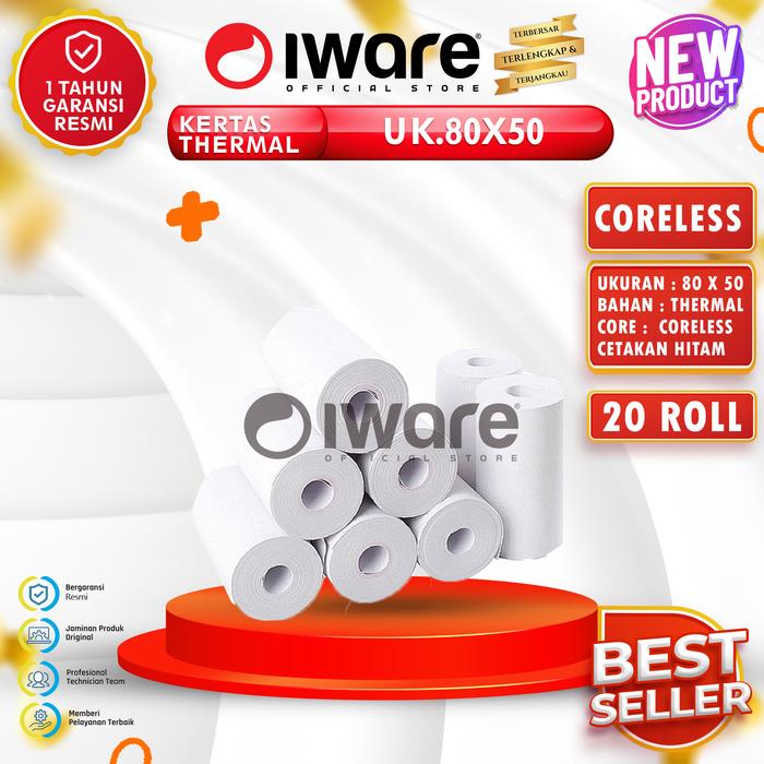 Promo Iware Kertas Thermal Coreless 80X50 80MM isi 20 Roll Cetakan ...