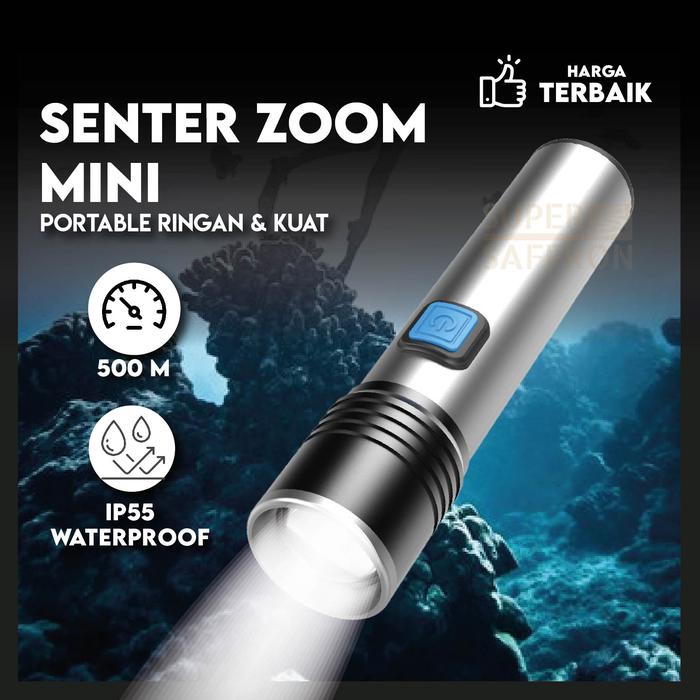 Promo Senter Mini Super Terang 500m 3 Mode Cahaya Aluminium Portable ...
