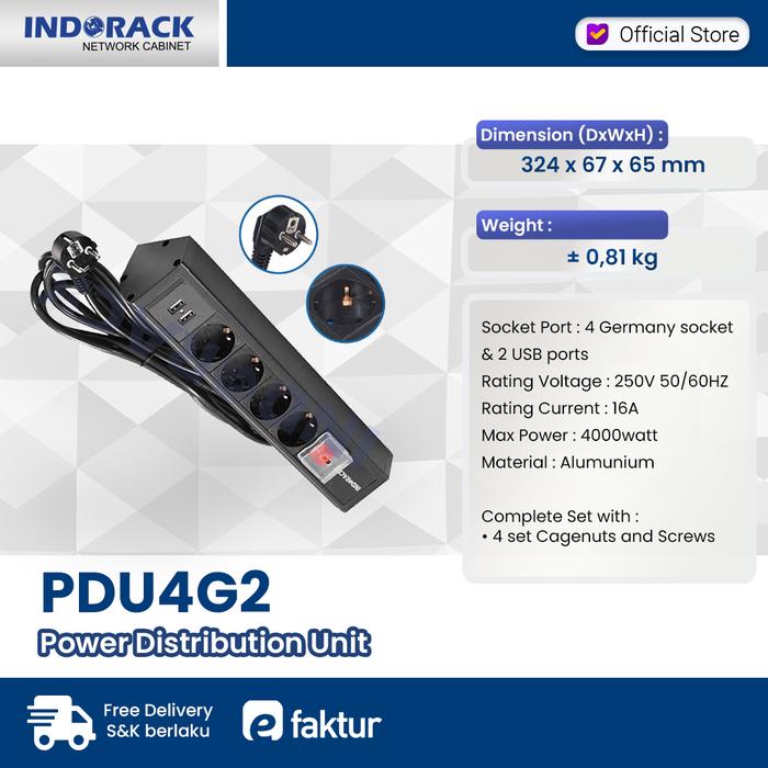 Jual Indorack PDU 4 Outlet Germany With USB Port 2.1A & Type C 20W ...