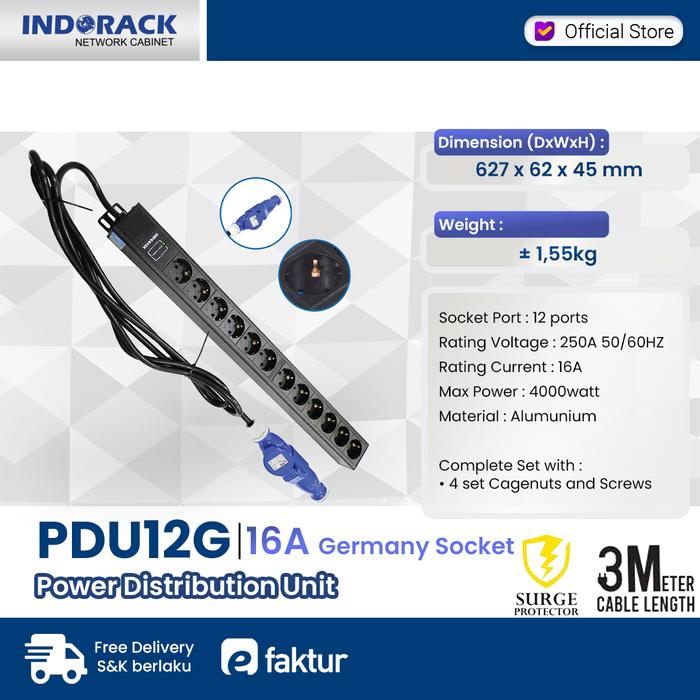 Promo Indorack PDU 12 Outlet Germany With Head Plug 3pin 2P+E 16A ...