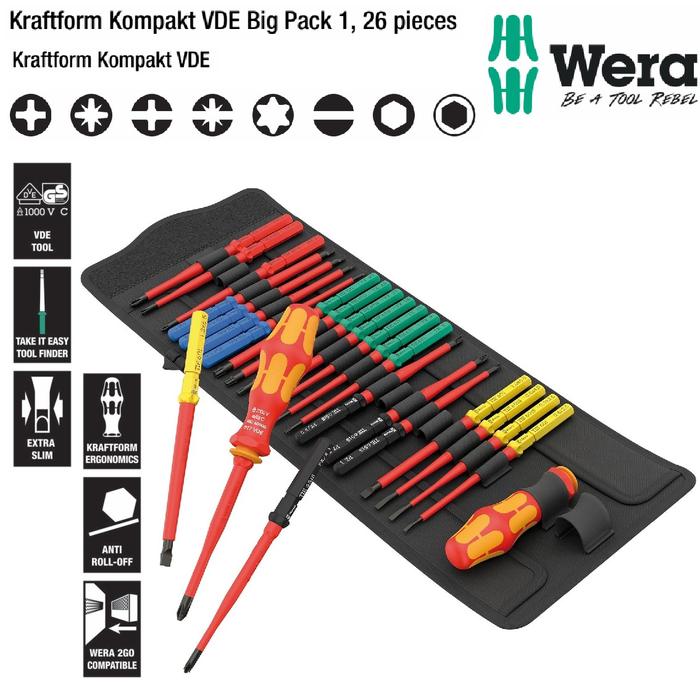Jual Obeng VDE Bit Set With Handle Wera 05006617001 Kraftform Kompakt VDE Big Pack 1, 26 Pcs ...