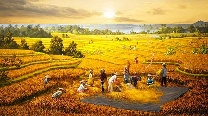 Jual Lukisan Pemandangan Panen Padi dan Panen Raya Realistis dengan ...