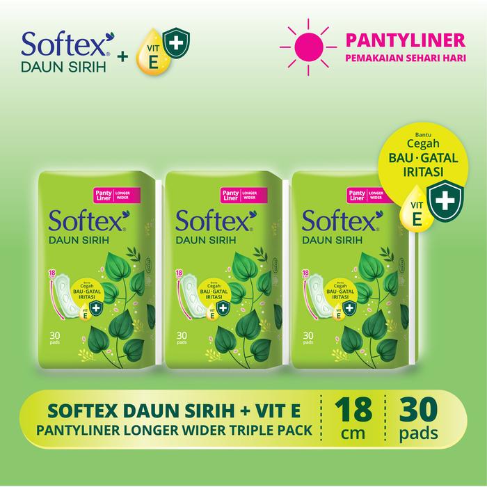 Jual Pantyliner Softex Daun Sirih + Vitamin E Longer & Wider 30s x 3 Pack - Pantyliner Daun ...