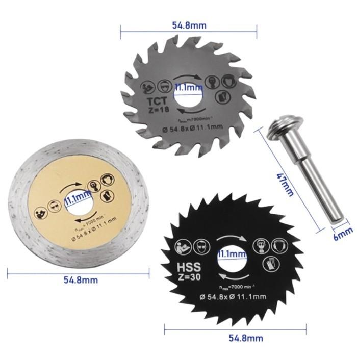 Jual CIRCULAR SAW MINI 2 INCH SET 4pcs 3 MODEL MATA + 1 BATANG AS 6MM ...