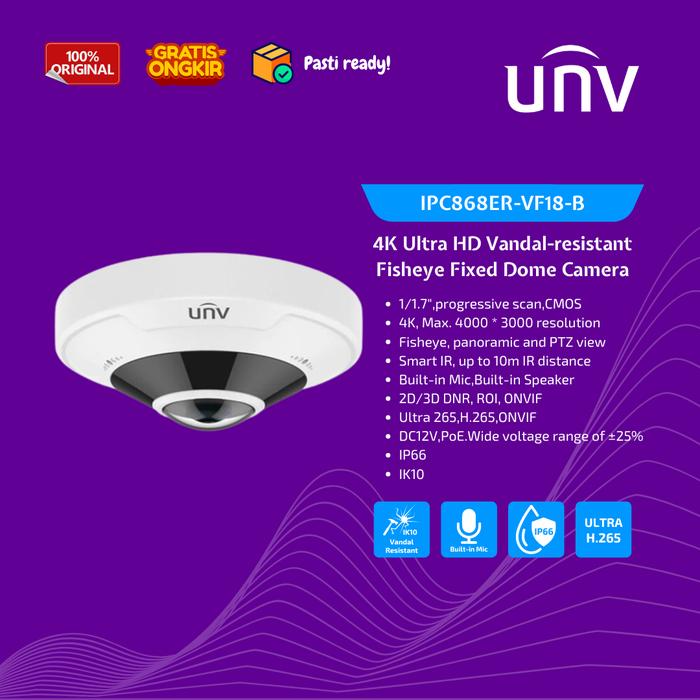 Promo UNV IPC868ER-VF18-B Uniview IP Camera 4K Ultra HD Vandal-resistant Fisheye Fixed Dome ...