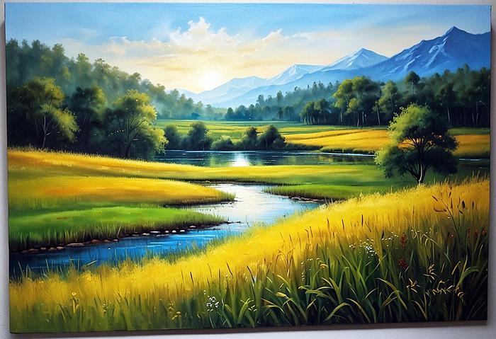 Jual Lukisan Sawah Pemandangan Indah dengan Pegunungan dan Pepohonan ...