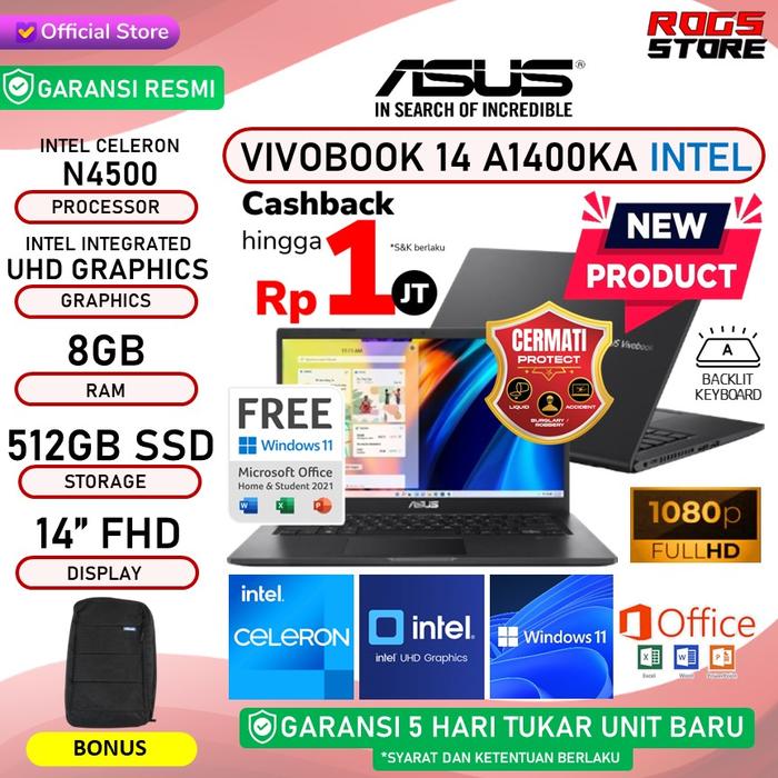 Promo ASUS VIVOBOOK 14 A1400KA INTEL N4500 4GB/8GB 265GB/512GB OHS 14 ...