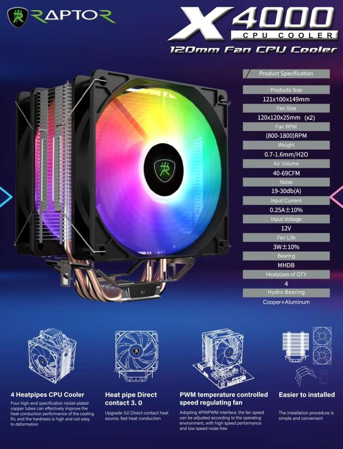 Jual CPU Cooler Power Up X4000 RGB Static Dual Fan Cooler CPU AMD Intel ...