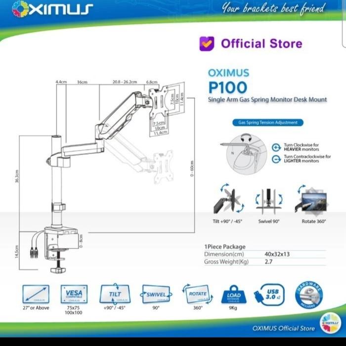 Jual Bracket Oximus P100 Monitor TV LCd Gas Spring Swifel Rotate USB 3. ...