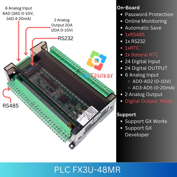 Jual PLC FX3U-48MR 6AI 2AO RTC RS232 RS485 Industrial Control Board ...