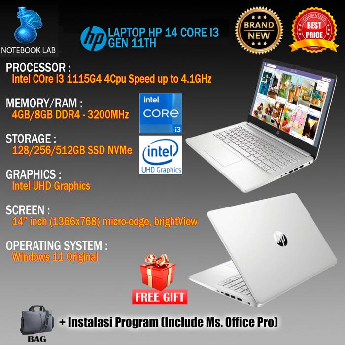 Promo HP Laptop 14 Intel Core i3 Gen 11 RAM 32GB SSD NVMe 1TB Windows ...