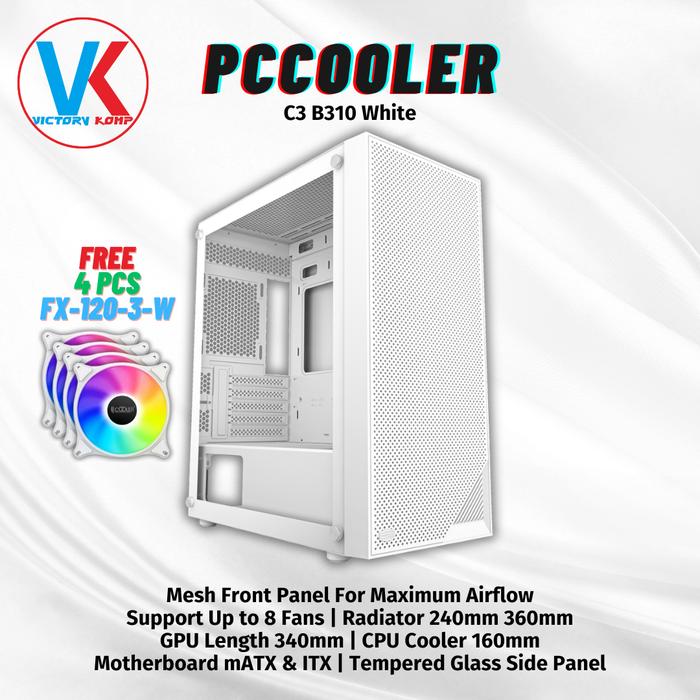 Jual Case PC Gaming PCCooler C3B310 White Free 4 Fan RGB mATX Gaming Case Tempered Glass High ...
