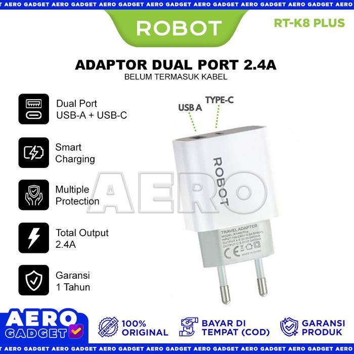 Promo ROBOT Adaptor Kepala Charger RT-K8S Batok Casan HP 12W Quick ...