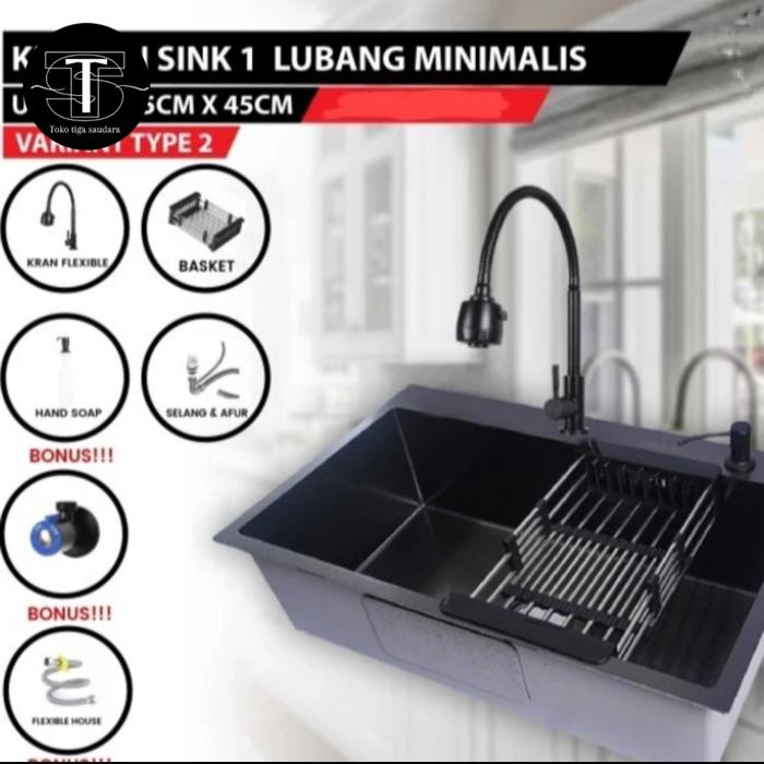 Jual kitchen sink 7545 black paket komplit+kran tarik/bak cuci piring ...