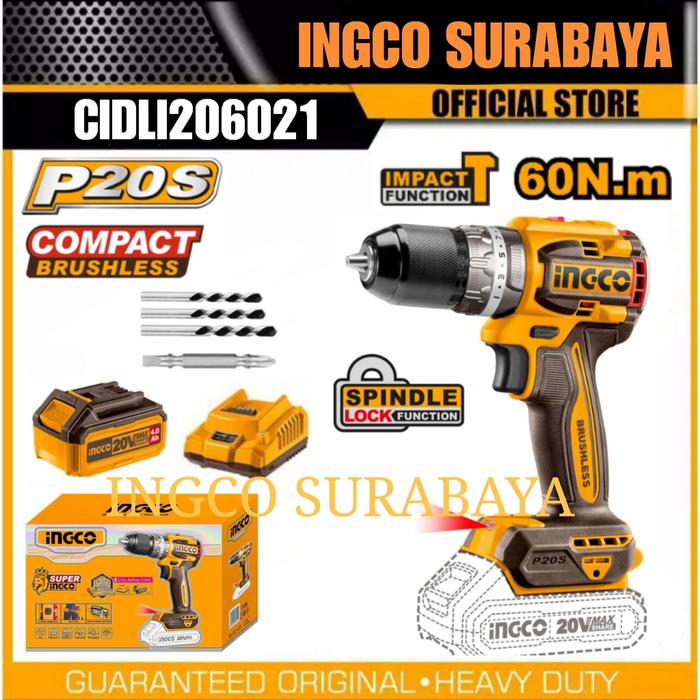 Jual INGCO CIDLI20602 IMPACT DRILL 13MM CORDLESS BRUSHLESS BOR BATERAI ...
