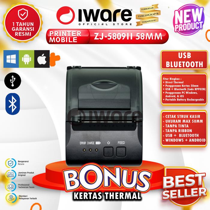 Jual Printer Thermal Kasir / PPOB Iware ZJ-5809II 58MM Bluetooth Portable - Hitam - Jakarta ...