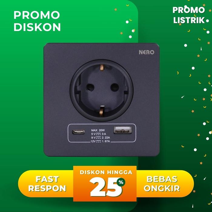 Promo NERO Stop Kontak X216VGAC-MB Schuko Socket + USB Fast Charger ...