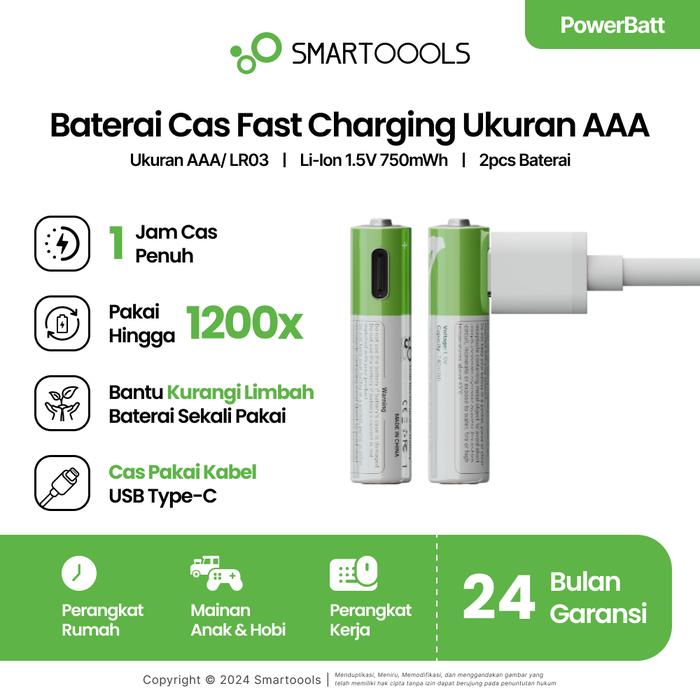 Jual Smartoools PowerBatt AAA 1.5V 2pcs Type-C USB Rechargeable Battery ...