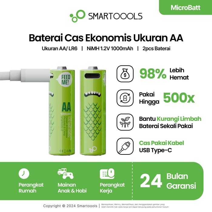 Promo Baterai Cas Isi Ulang 2pcs Smartoools MicroBatt AA 1.2V Micro USB ...