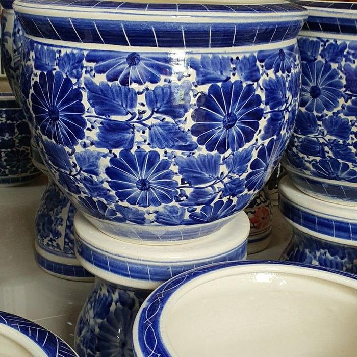 Jual pot keramik cantik motif bunga biru Tinggi 60cm diameter 38cm ...