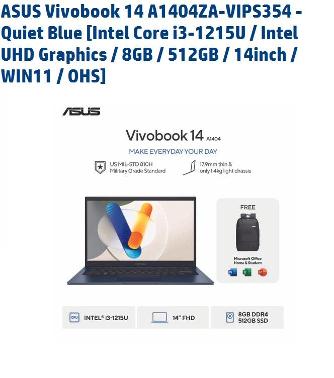 Jual ASUS Vivobook 14 A1404ZA-VIPS354 - Quiet Blue [Intel Core i3-1215U ...